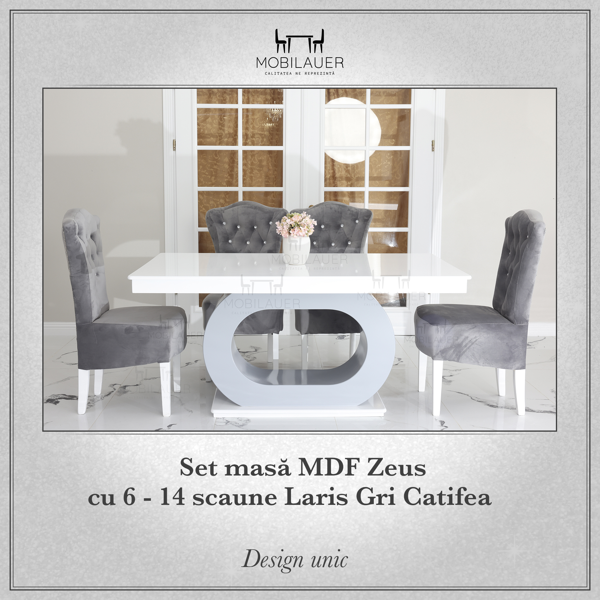 Zeus - Set masa MDF 6 Persoane + 6 scaune Laris Gri Catifea | Mobilauer, calitate de neegalat