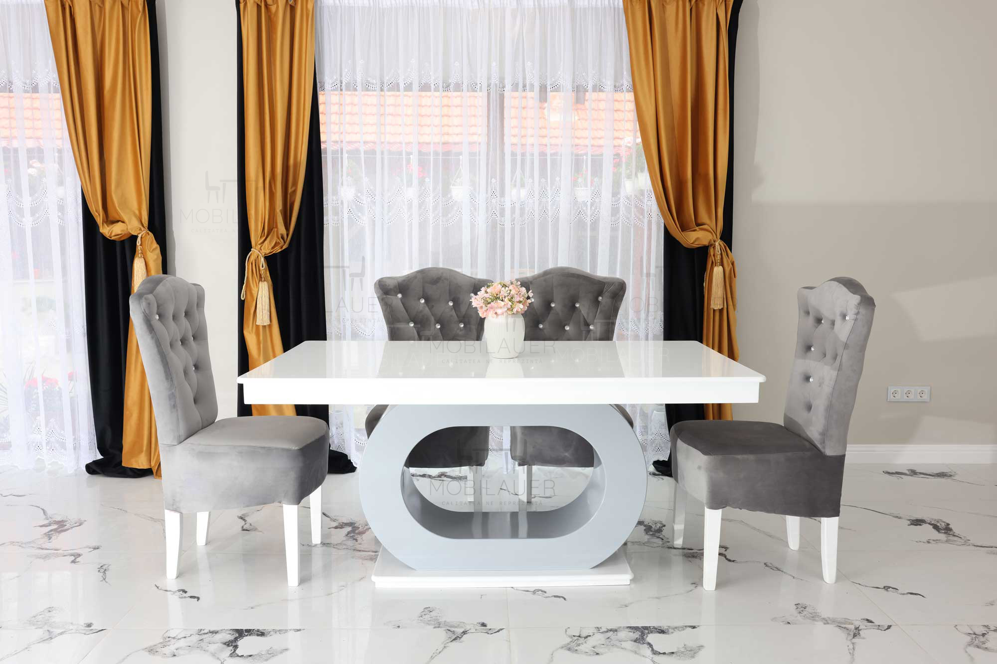 Zeus - Set masa MDF 6 Persoane + 6 scaune Laris Gri Catifea | Mobilauer, calitate de neegalat